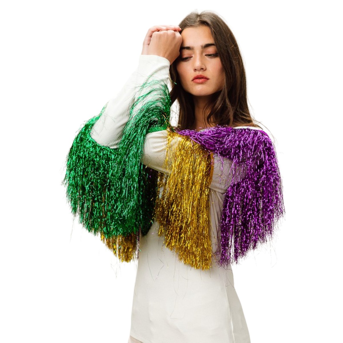 Mardi Gras White Top With Colorful Tiered Tinsel Fringe - Mardi Gras ...